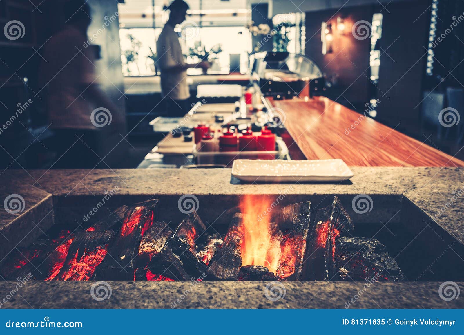Modern Restaurant with Fireplace Stock Image - Image of persons ...