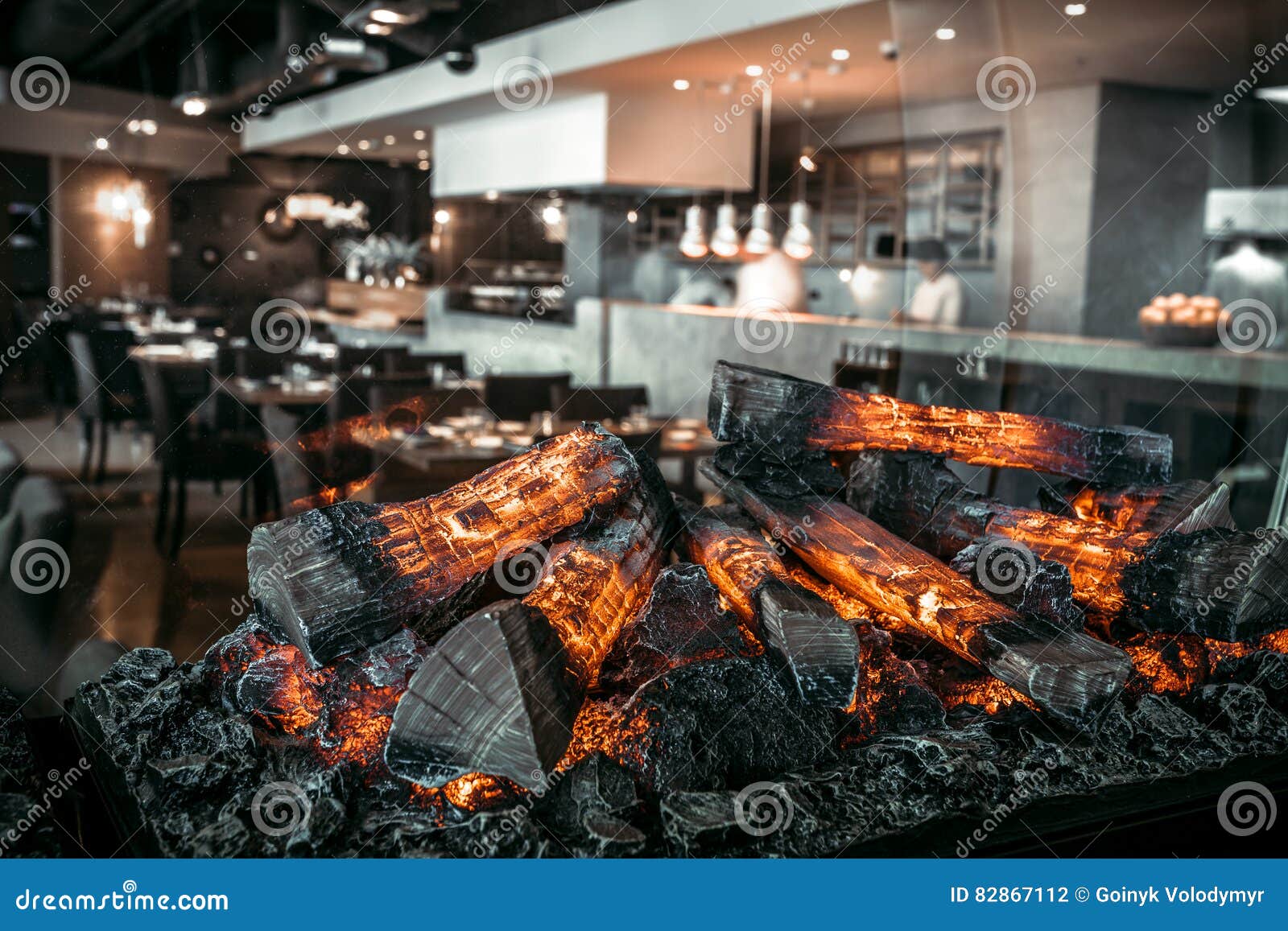 Modern Restaurant with Fireplace Stock Photo - Image of firewood ...