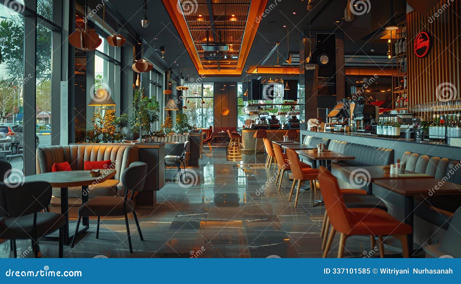 Modern Restaurant Interior with Booths and Bar Stock Illustration ...