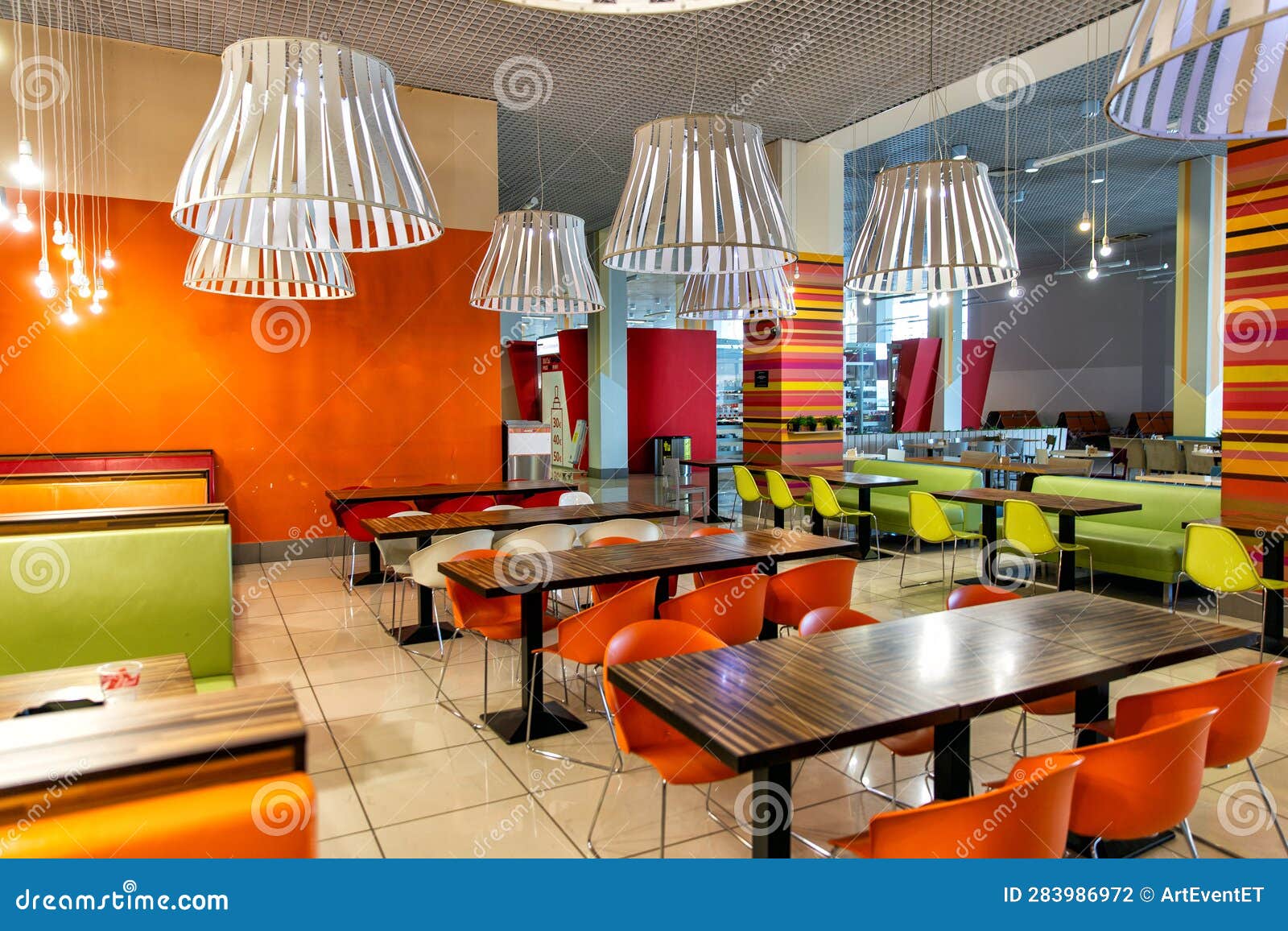 Modern Restaurant Interior with Bright Red and Green Design Stock Photo ...