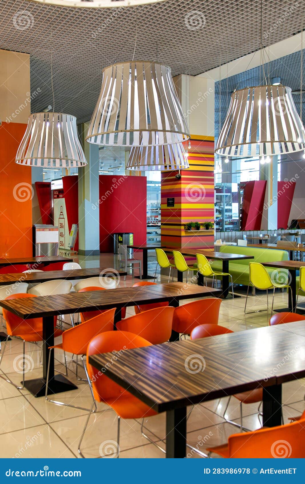 Modern Restaurant Interior with Bright Red and Green Stock Photo ...
