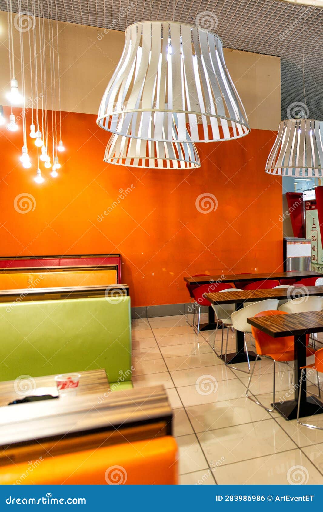 Modern Restaurant Interior with Bright Red and Green Design Stock Photo ...