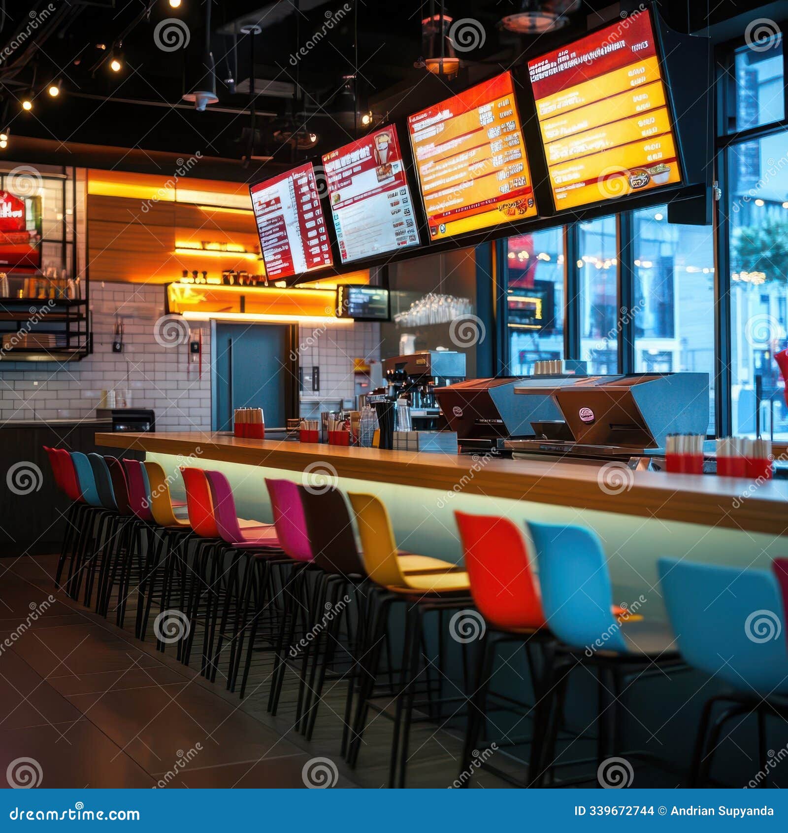 Modern Restaurant Interior with Colorful Stools and Menu Displays Stock ...