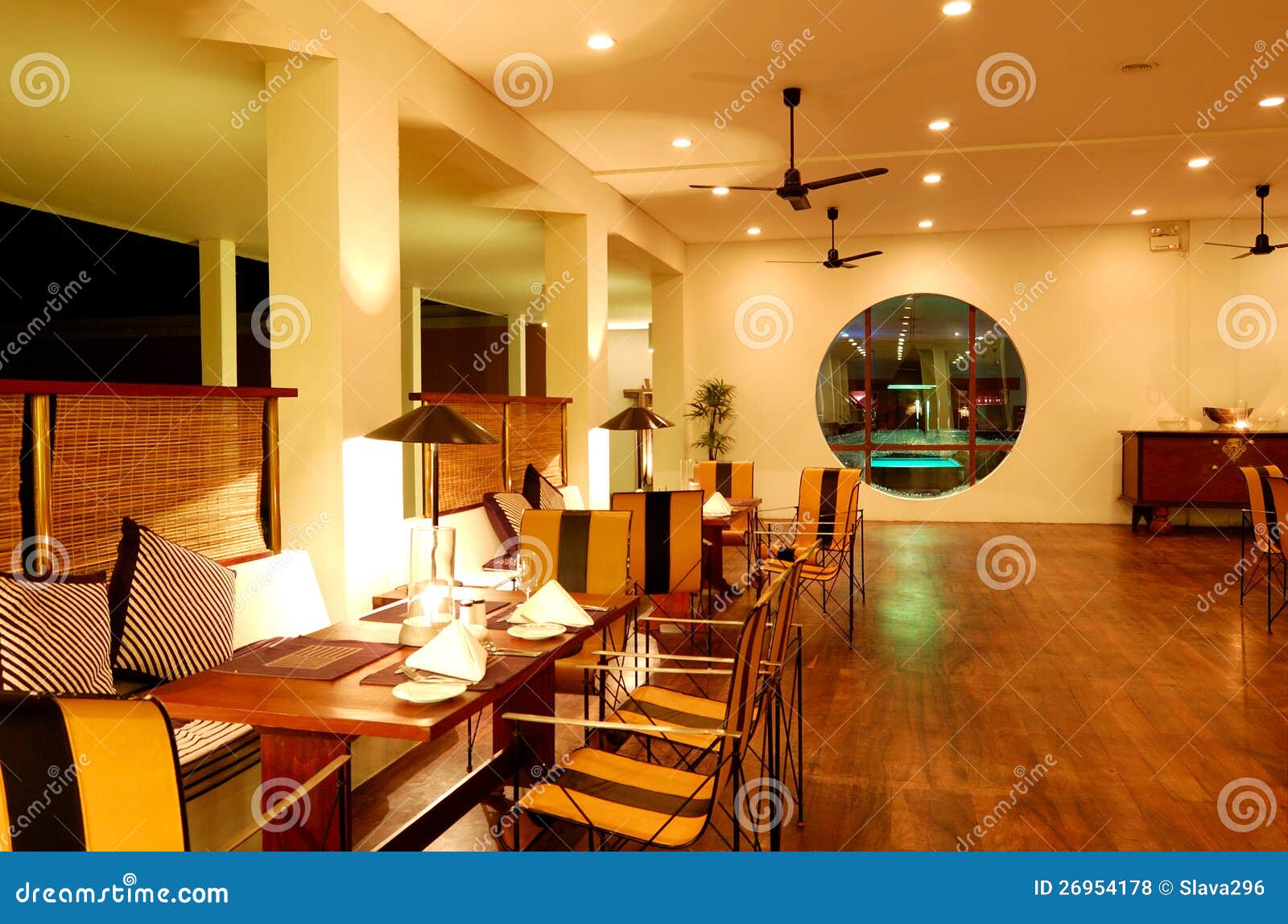 Modern Restaurant Interior at Night Illumination Stock Photo - Image of ...