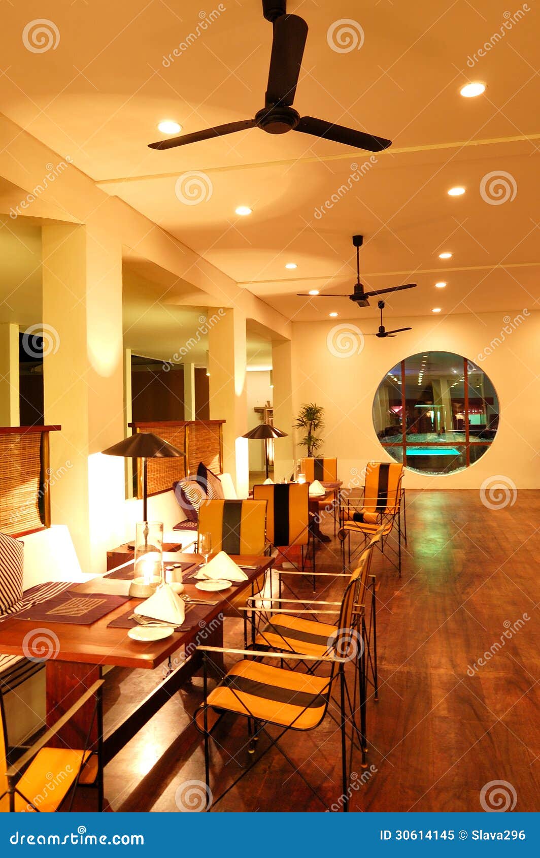 Modern Restaurant Interior at Night Illumination Stock Image - Image of ...