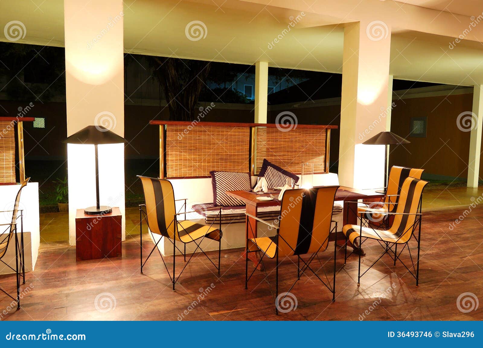 Modern Restaurant Interior at Night Illumination Stock Photo - Image of ...