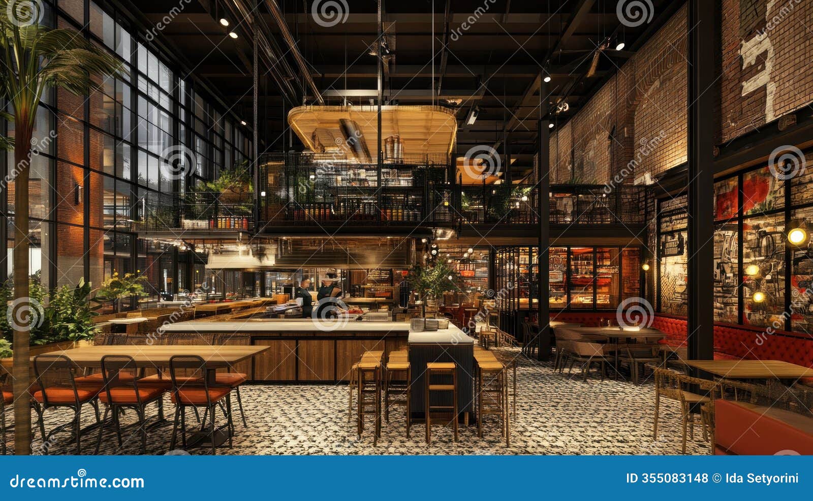 Modern Restaurant Interior with Open Kitchen Design Stock Illustration ...
