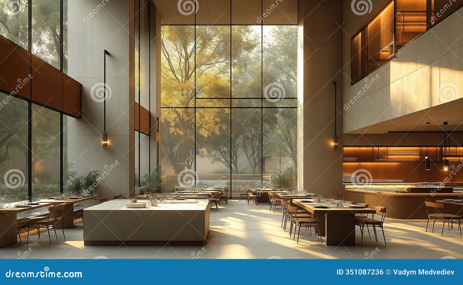 Modern Restaurant Interior with Open Layout Large Windows Overlooking ...