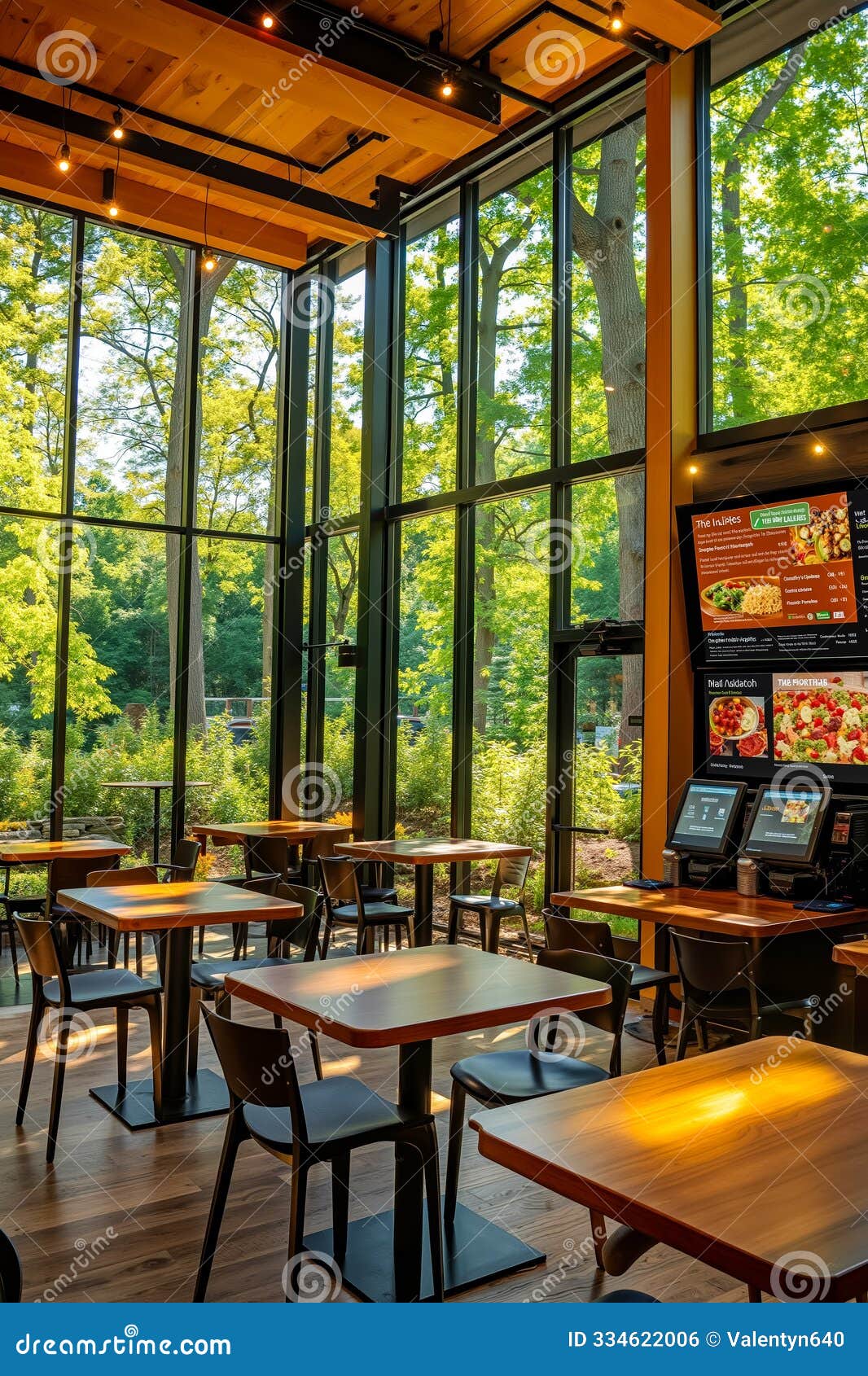 A Restaurant with Tables and Chairs in Front of Large Windows Stock ...