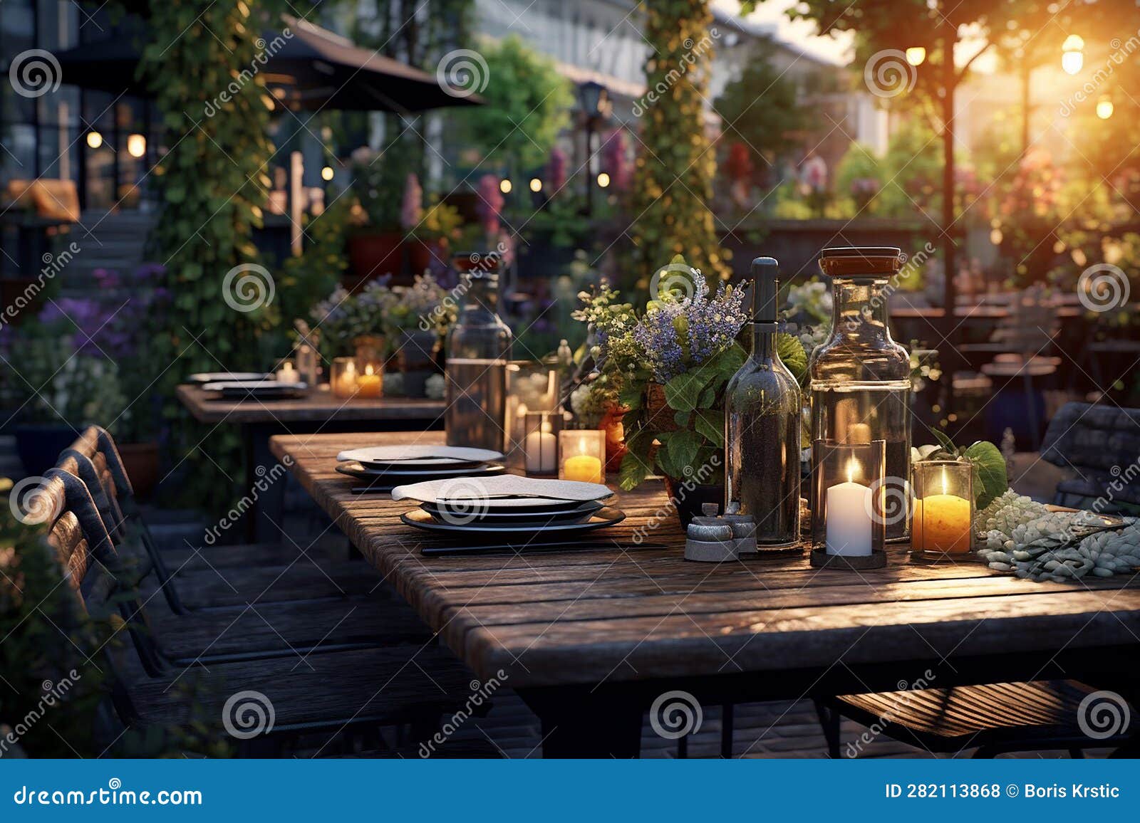 Modern Restaurant with Outdoor Table Setup Stock Illustration ...