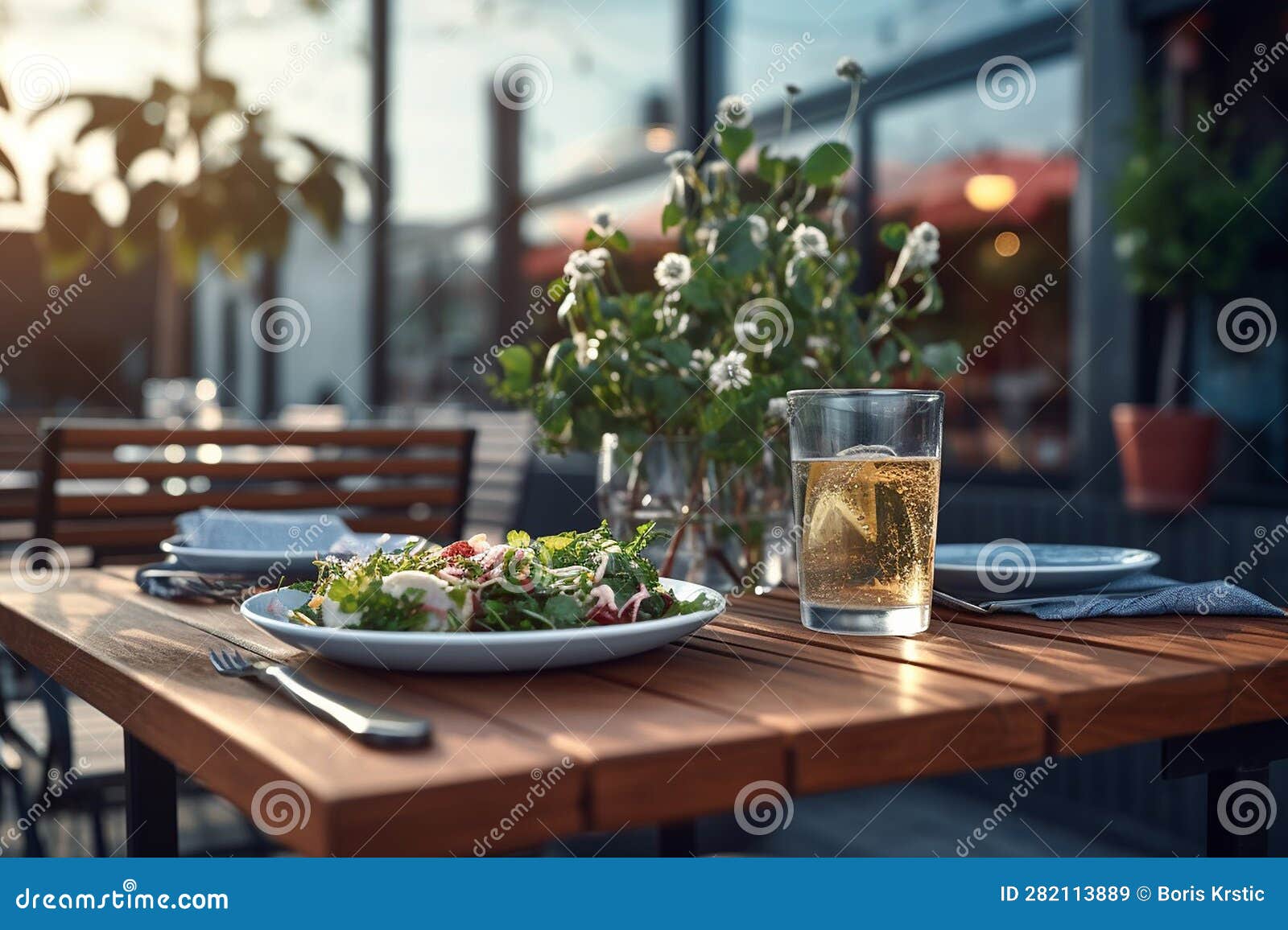 Modern Restaurant with Outdoor Table Setup Stock Illustration ...