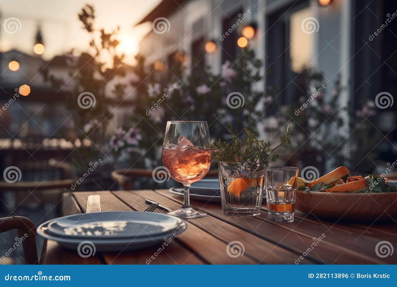 Modern Restaurant with Outdoor Table Setup Stock Illustration ...