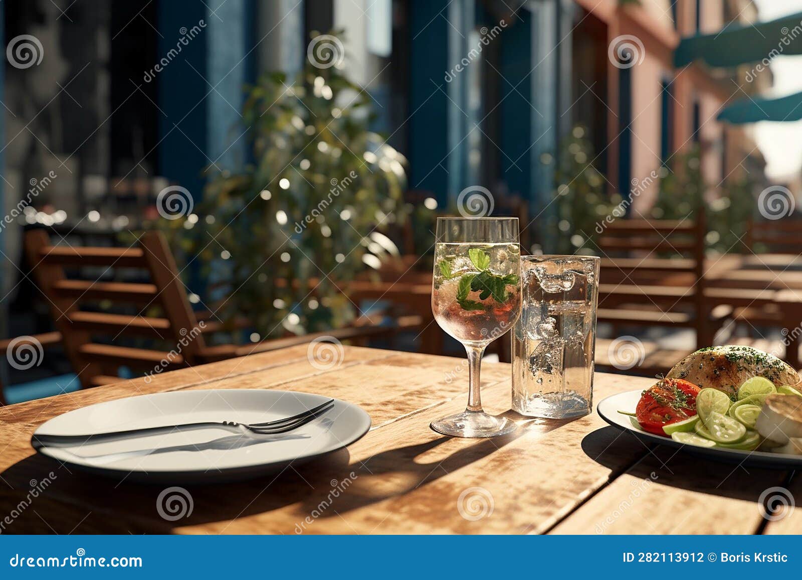 Modern Restaurant with Outdoor Table Setup Stock Illustration ...