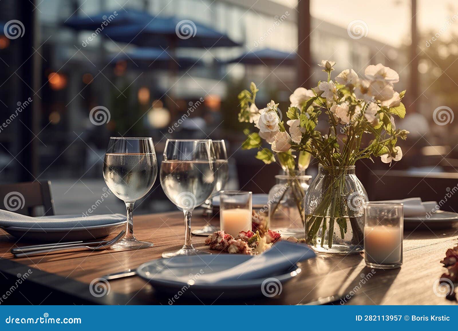 Modern Restaurant with Outdoor Table Setup Stock Illustration ...