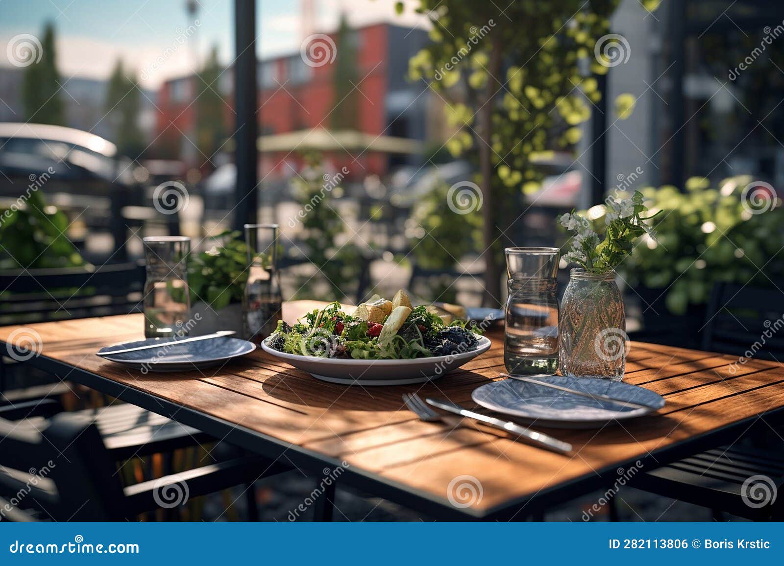 Modern Restaurant with Outdoor Table Setup Stock Illustration ...