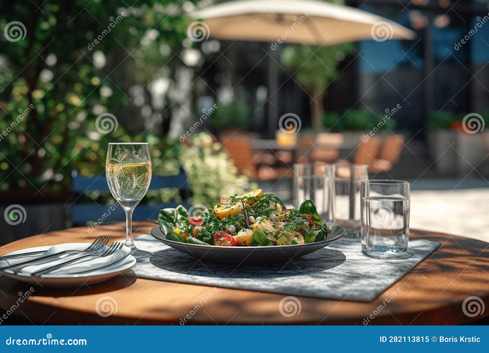 Modern Restaurant with Outdoor Table Setup Stock Illustration ...