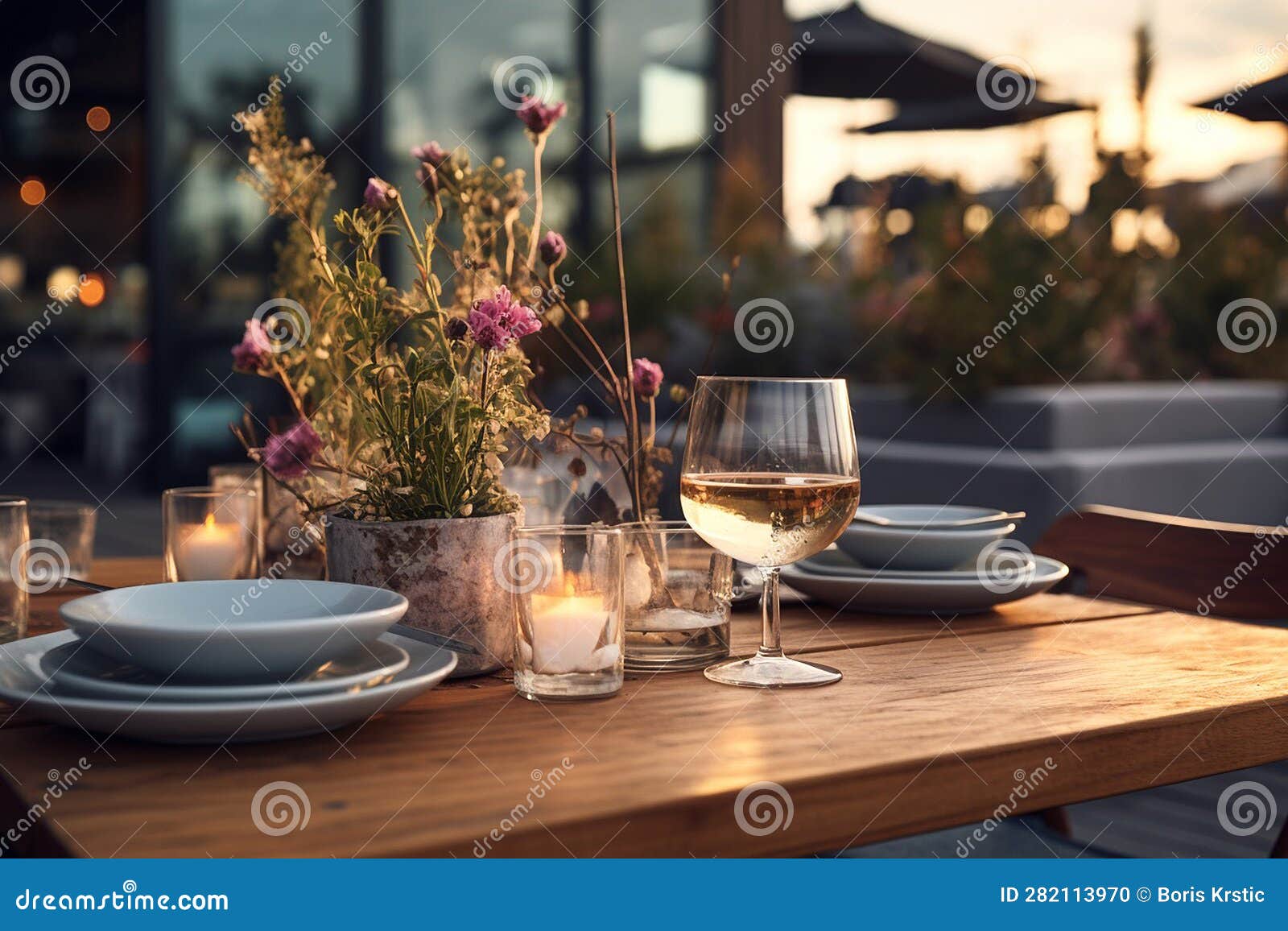 Modern Restaurant with Outdoor Table Setup Stock Illustration ...