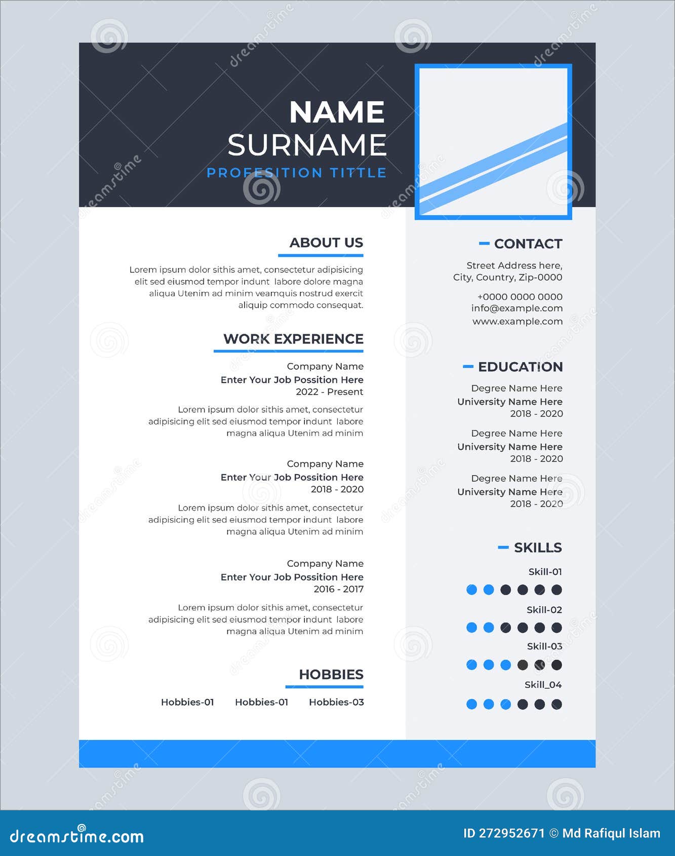 Modern Resume Template with Blue and Black Elements. Vector ...