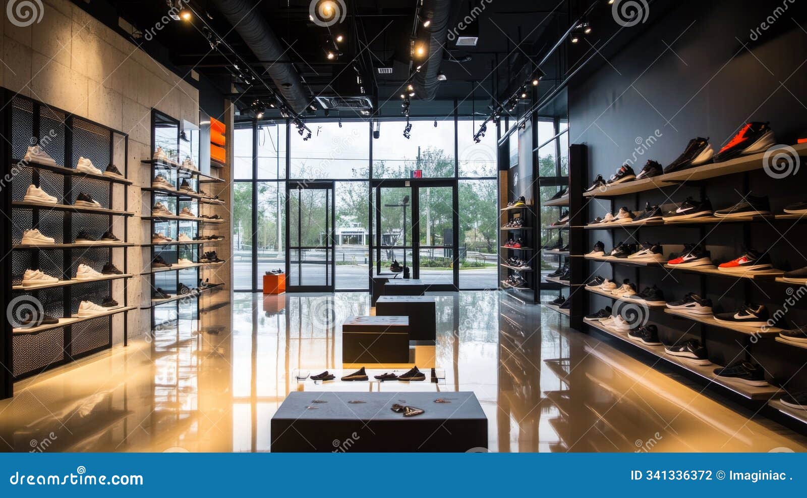 Modern Retail Store Interior with Shoe Displays and Glass Windows Stock ...