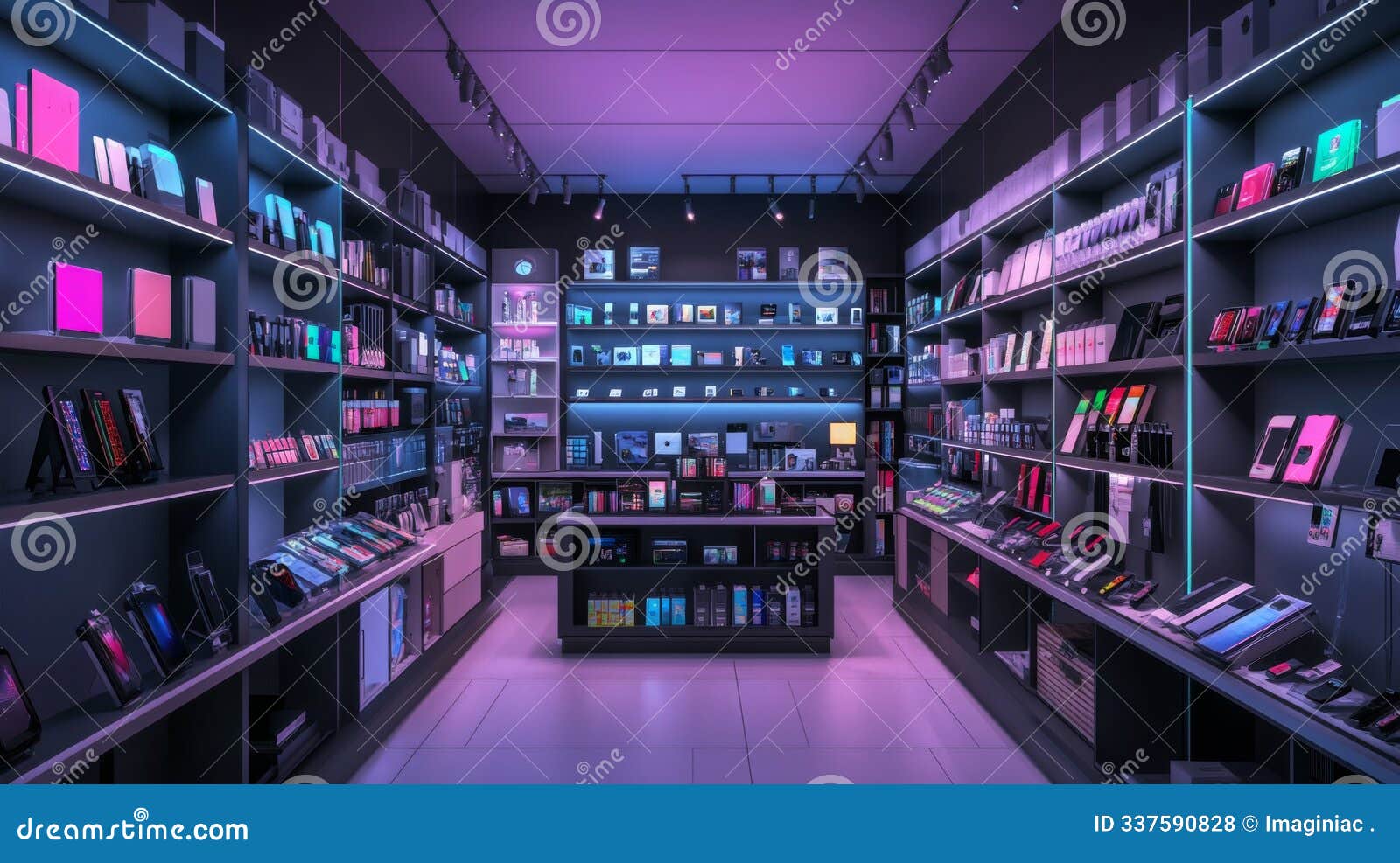 Modern Retail Store with Shelves of Electronic Devices and Neon ...