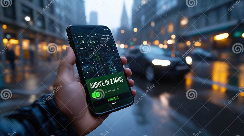 Modern Ride Sharing App Interface Displayed on Smartphone in Rain Stock ...