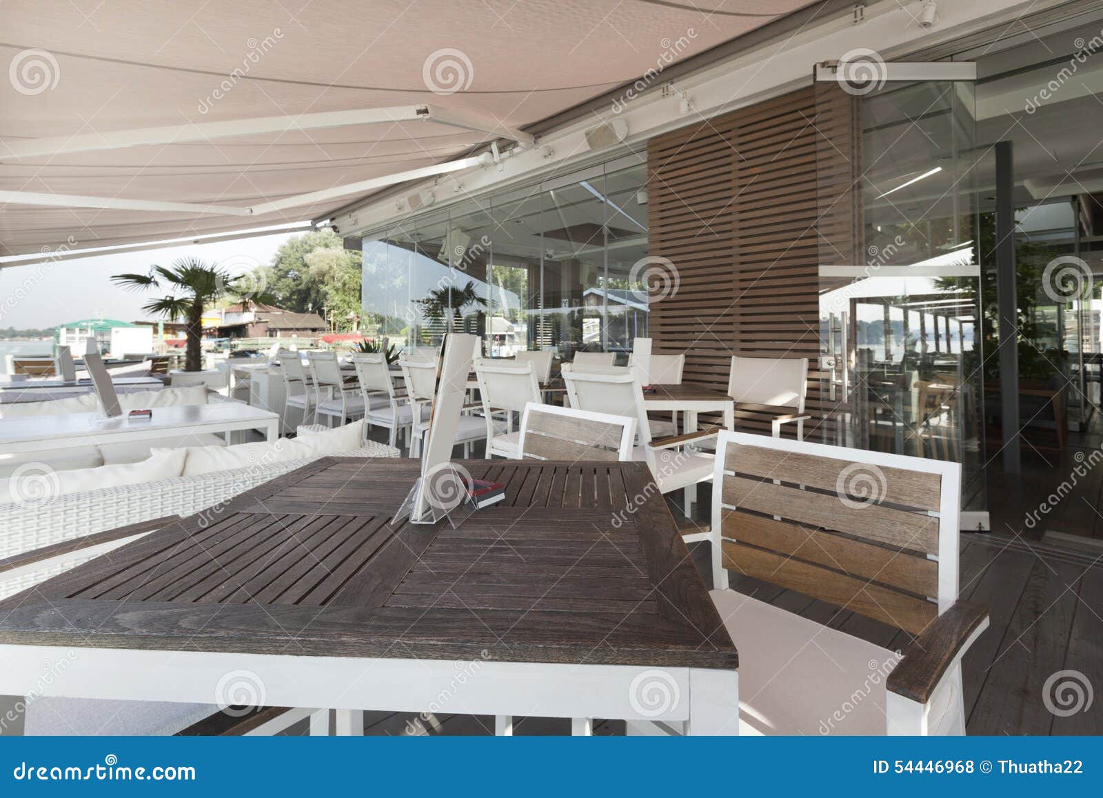 Modern Riverside Cafe Interior in the Morning Stock Photo - Image of ...