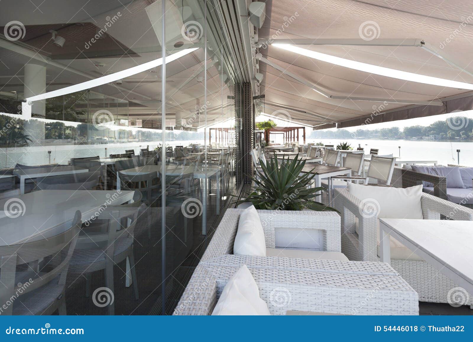 Modern Riverside Cafe Terrace in the Morning Stock Photo - Image of ...