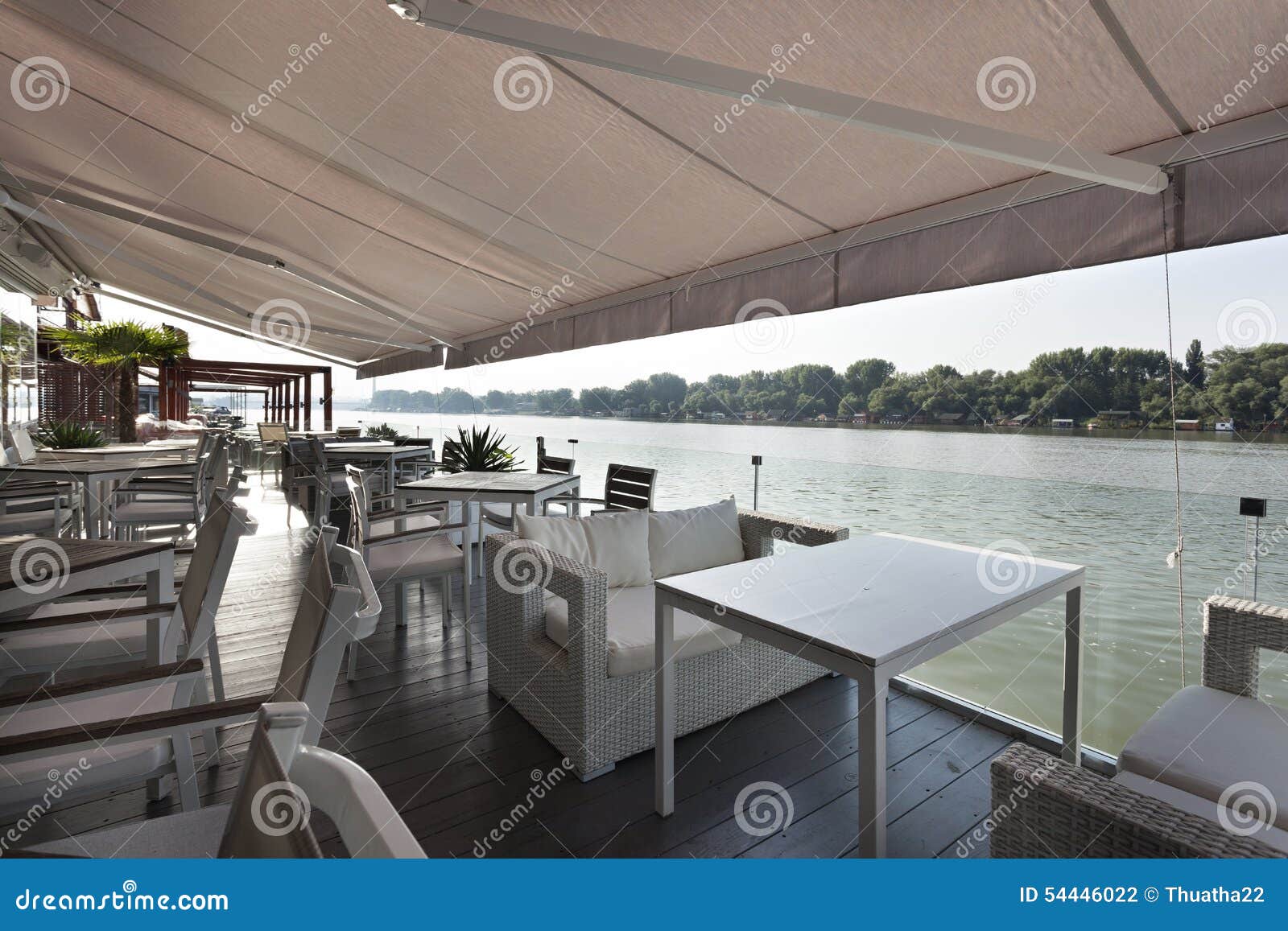 Modern Riverside Cafe Terrace in the Morning Stock Photo - Image of ...