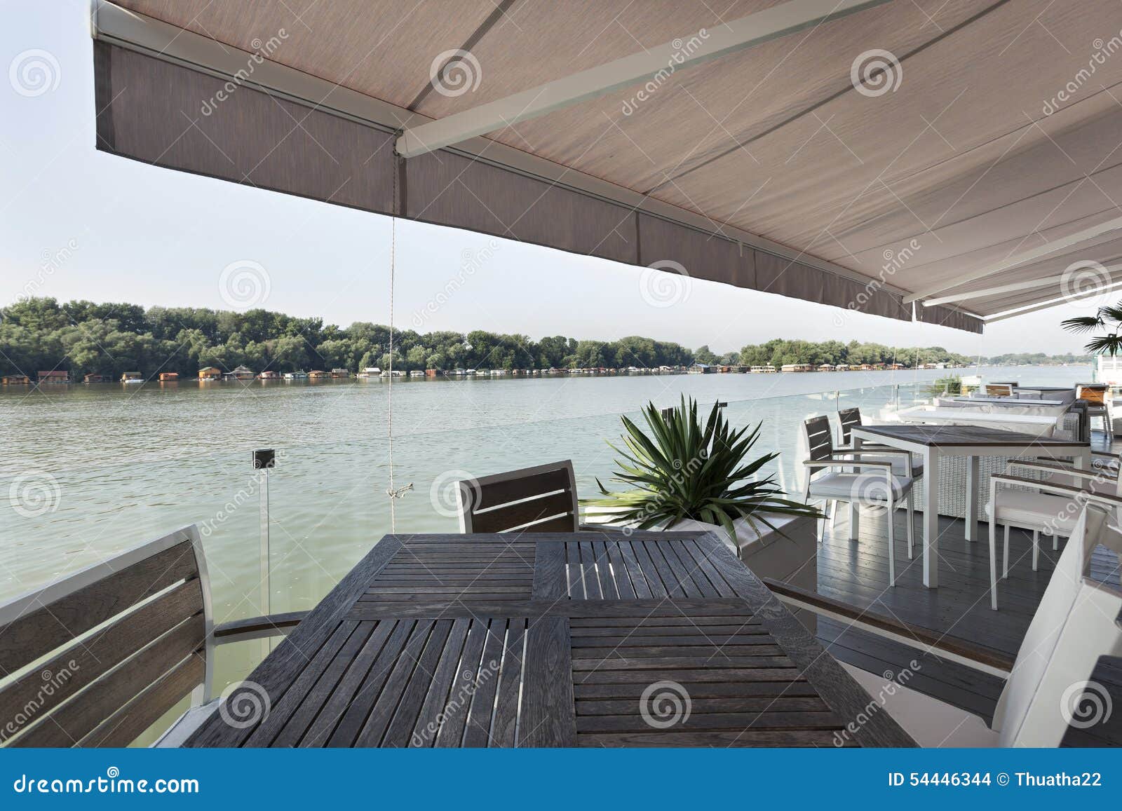 Modern Riverside Cafe Terrace in the Morning Stock Photo - Image of ...