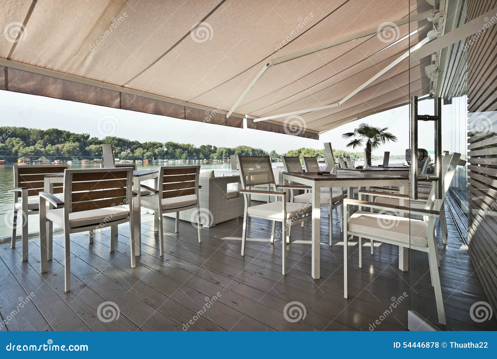 Modern Riverside Cafe Terrace in the Morning Stock Photo - Image of ...