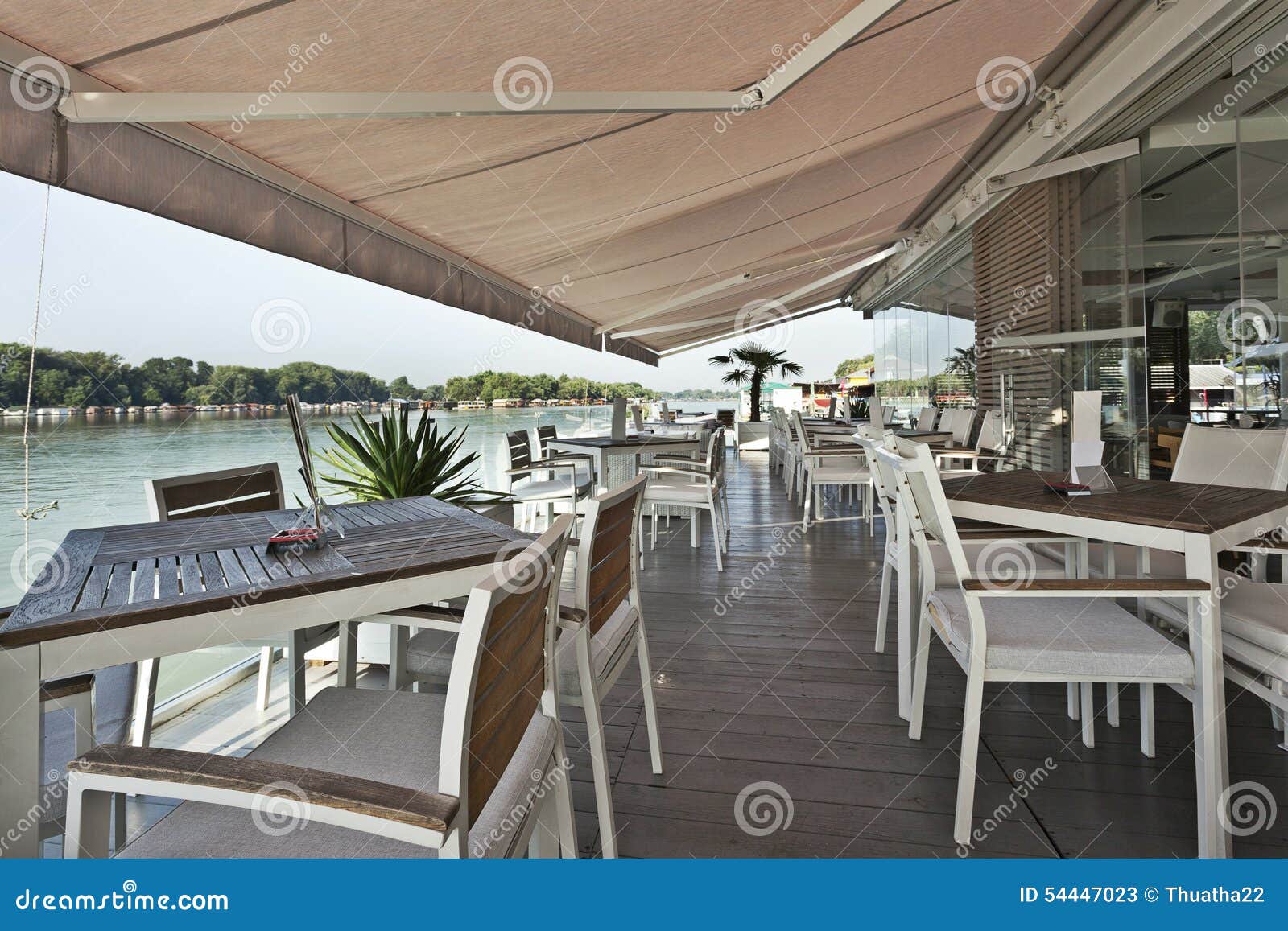Modern Riverside Cafe Terrace in the Morning Stock Image - Image of ...