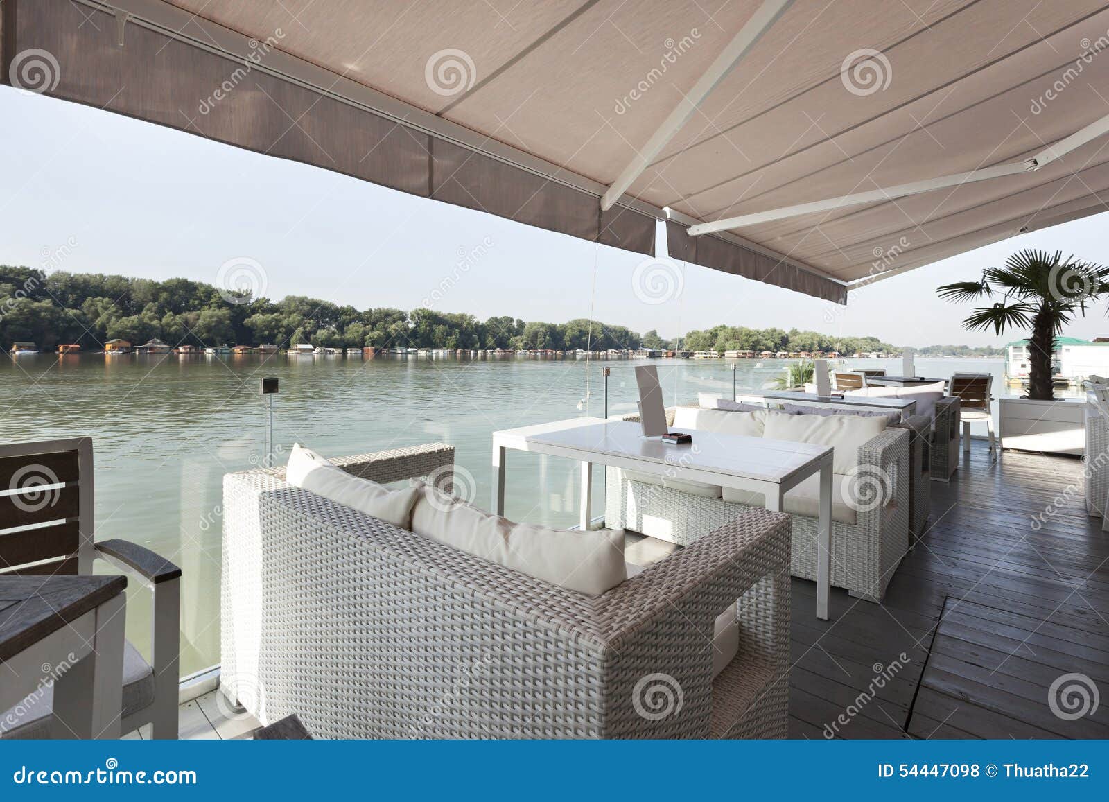 Modern Riverside Cafe Terrace in the Morning Stock Photo - Image of ...