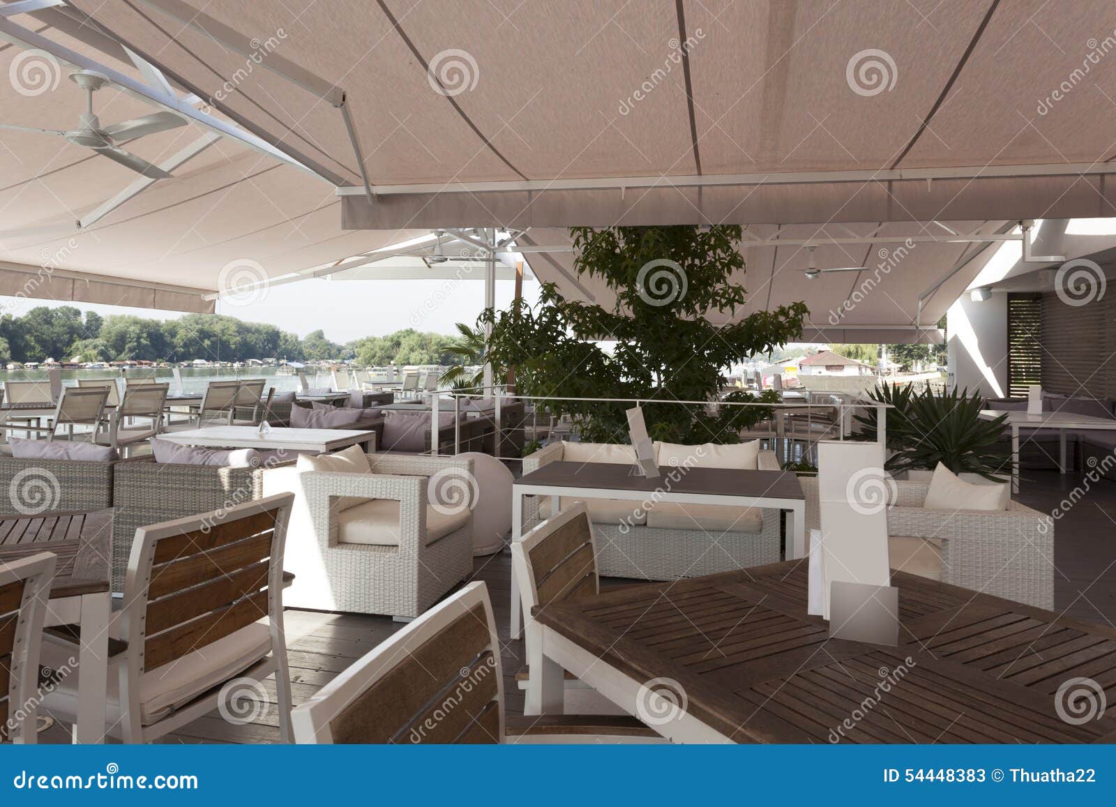 Modern Riverside Cafe Terrace in the Morning Stock Image - Image of ...