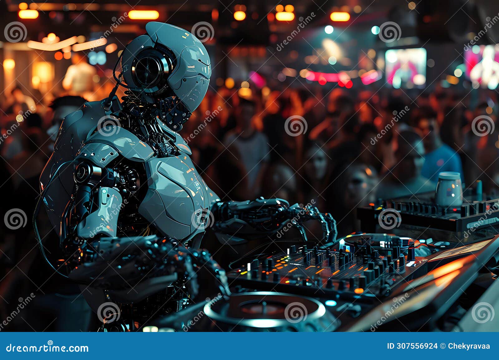 Modern Robot in the Club, As a Dj, Club in the Background. Stock ...