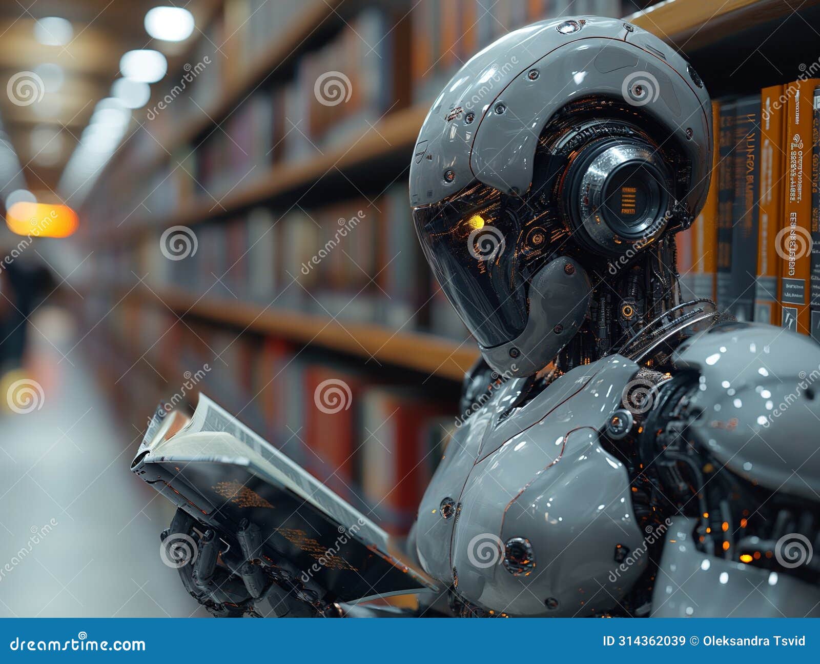Modern Robot in the Library Reads Books, AI Research of Robot and ...