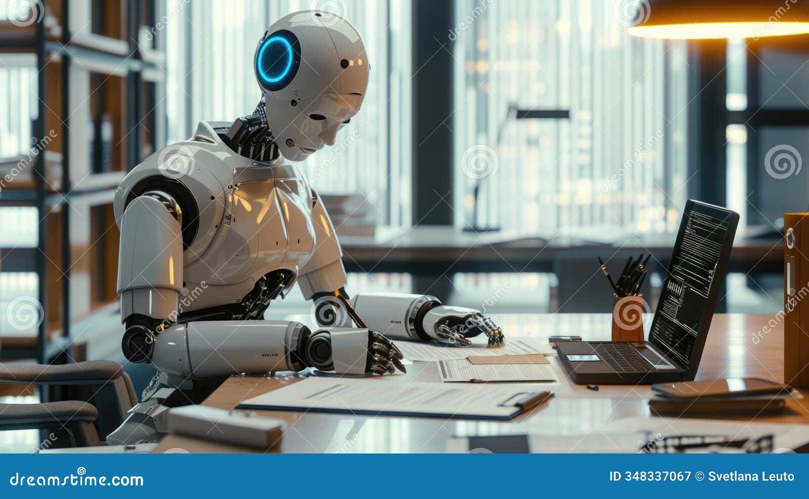 A Modern Robot Signs Documents in a Work Office, Teamwork between ...