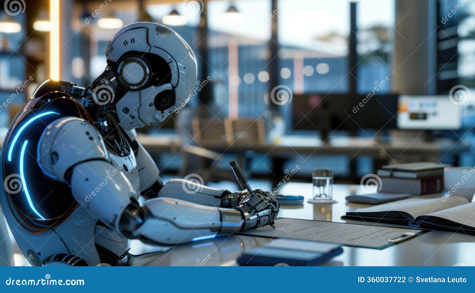 A Modern Robot Signs Documents in a Work Office, Teamwork between ...