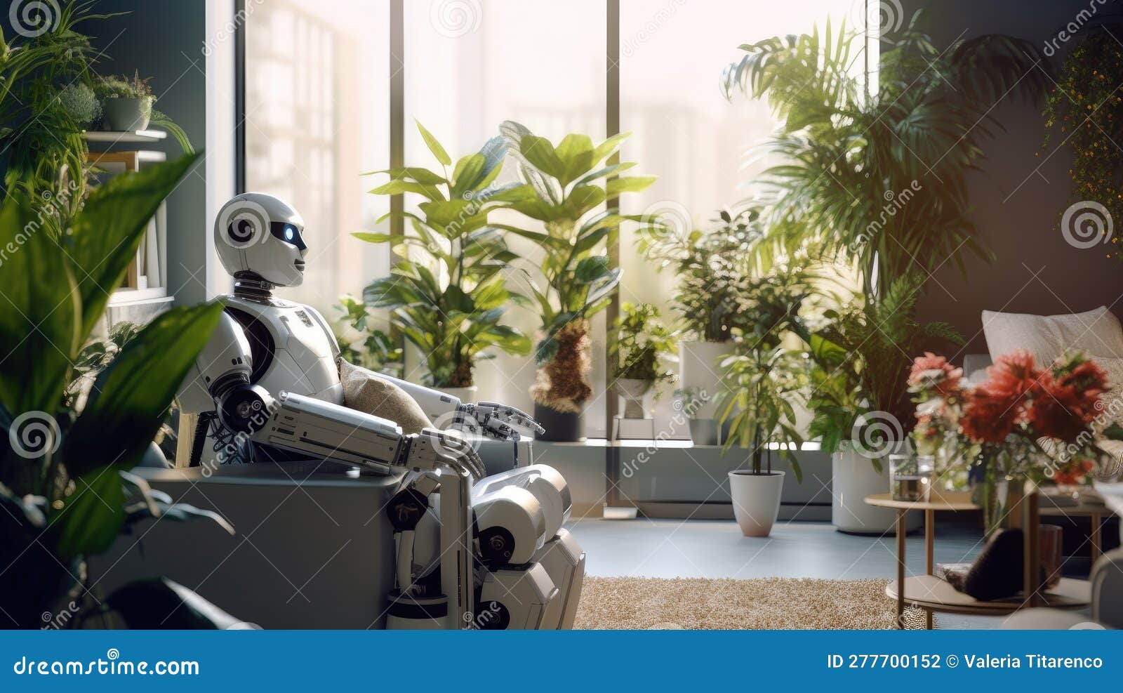 A Modern Robot is Sitting in a Cozy House Surrounded Stock Photo ...