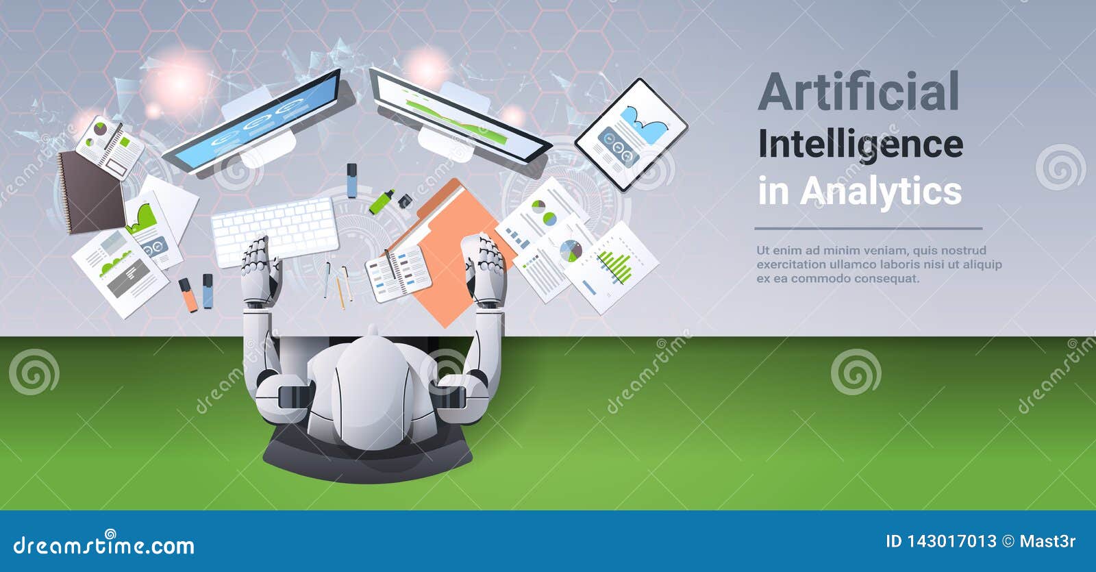 Modern Robot Sitting at Workplace Humanoid Analyzing Financial Graphs ...