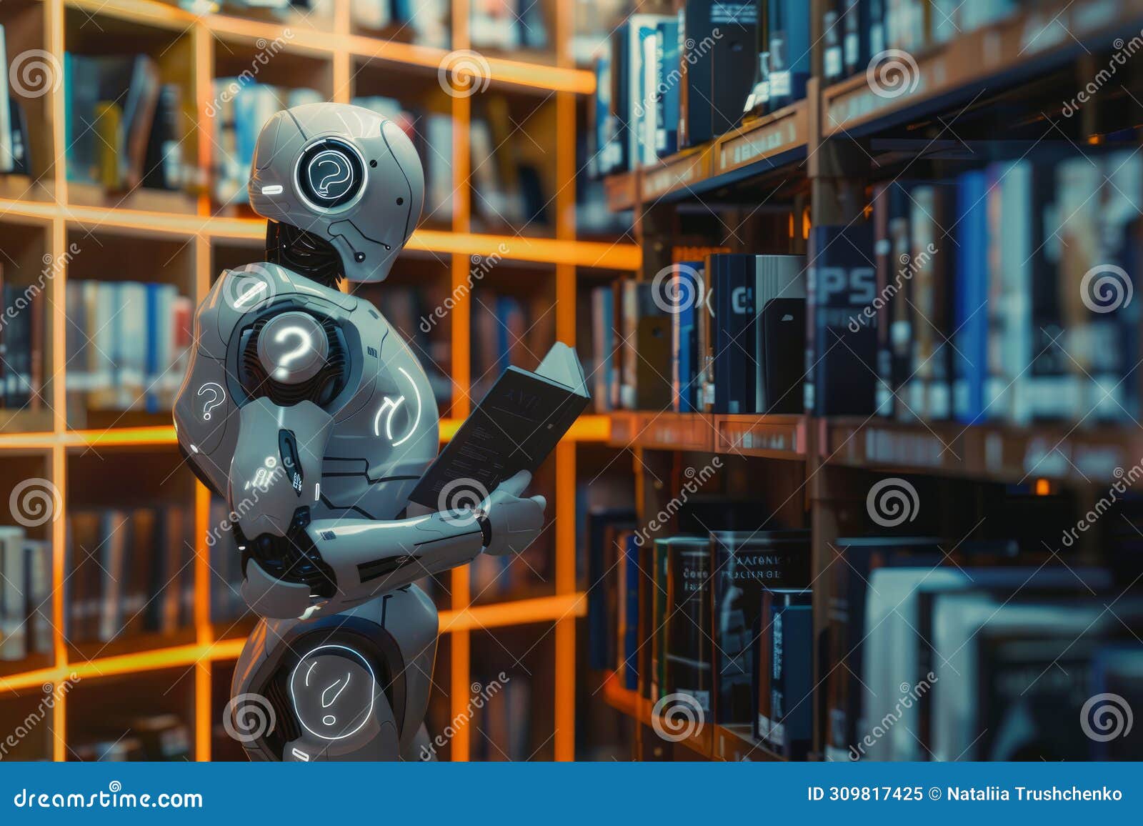 Modern Robot Stand in the Library and Look for the Books on the Shelf ...