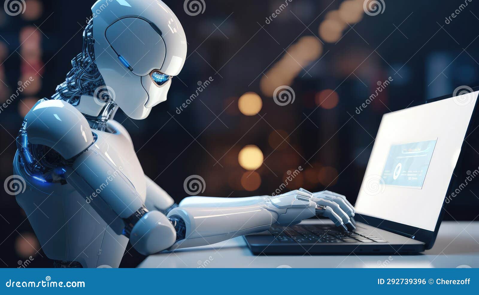 Modern Robot Typing on Laptop Stock Photo - Image of closeup ...
