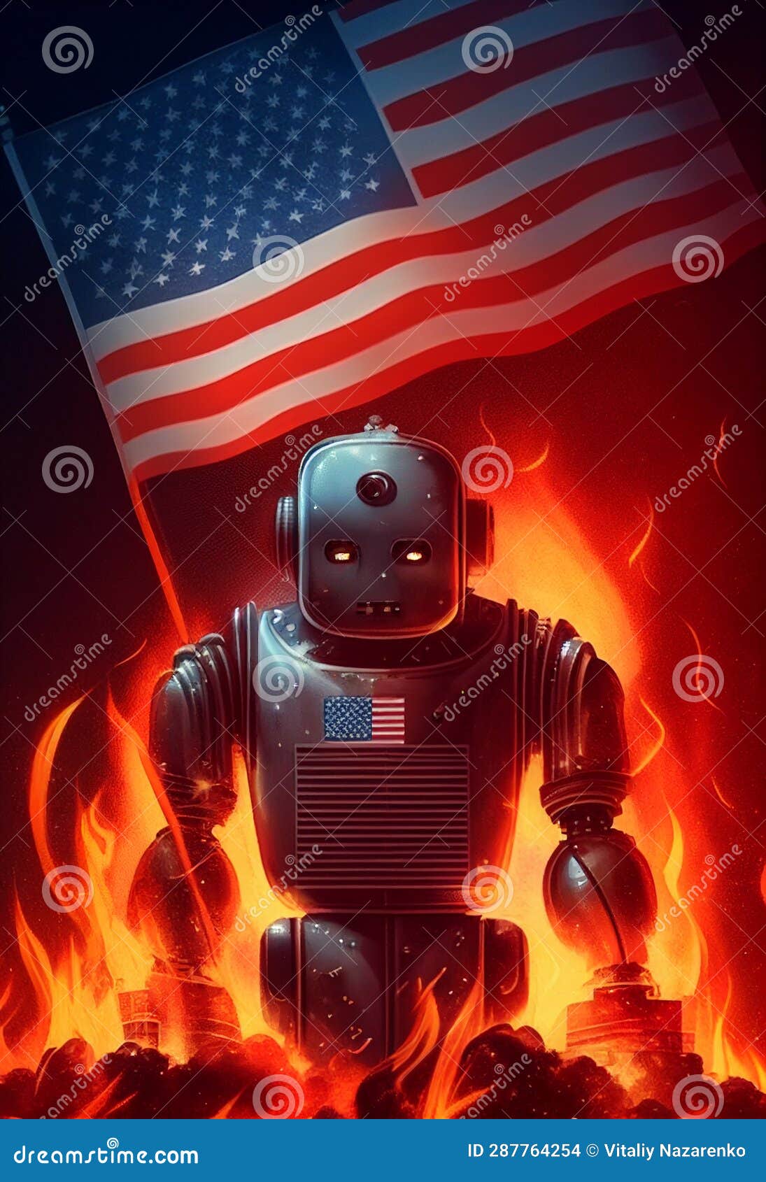 Modern Robot Walks through the Fire on the Background of the American ...