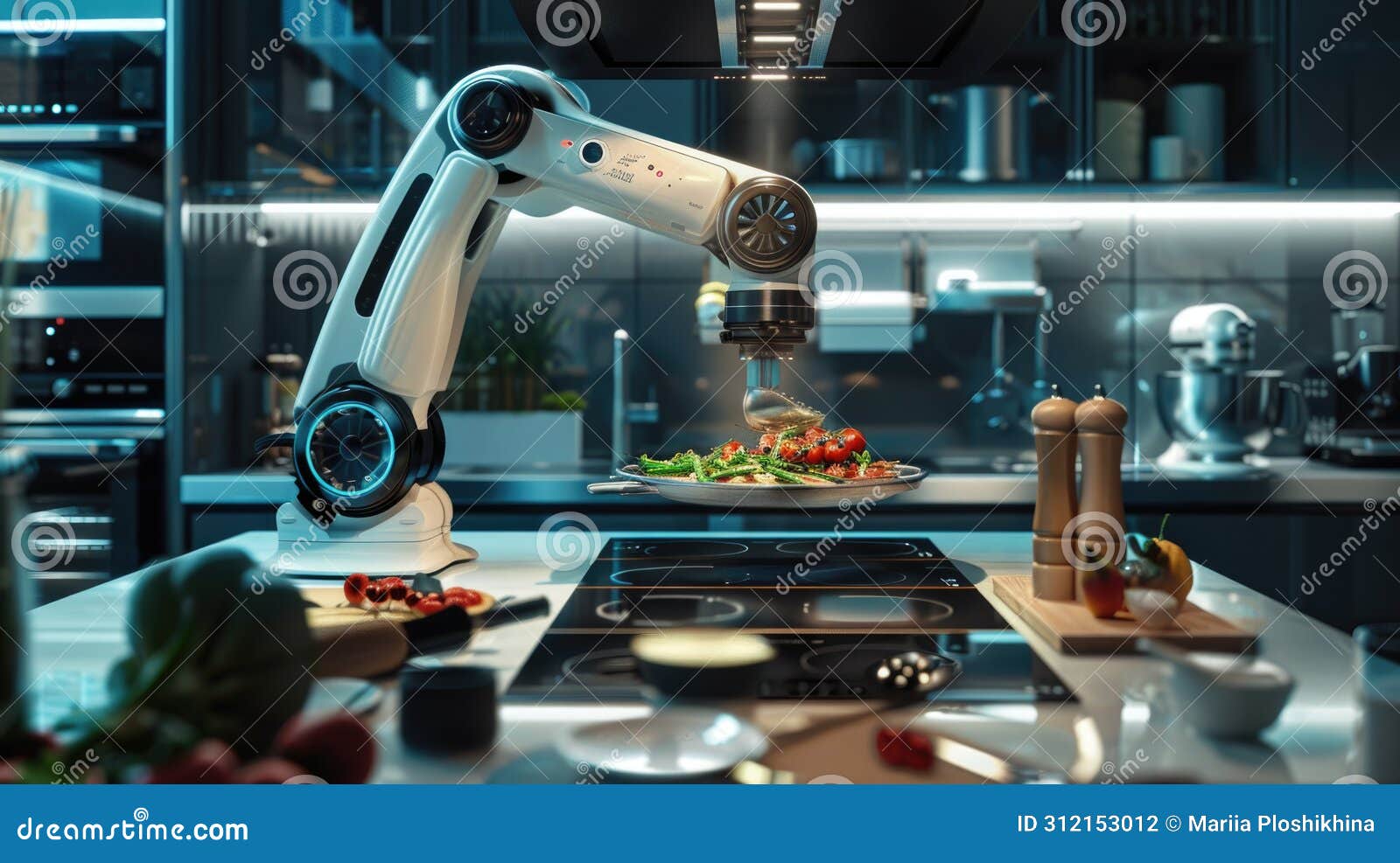 A Modern Robotic Arm in a Sleek Kitchen Setting Serving a Plate of ...