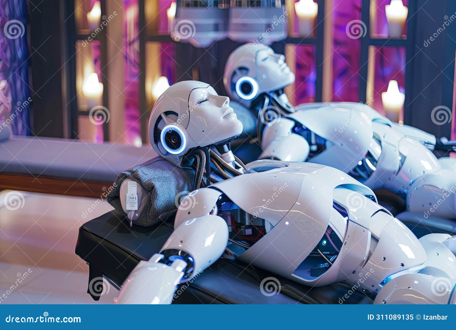 Modern Robot Having Massage in Cyber Massage Parlor, Being Massaged by ...