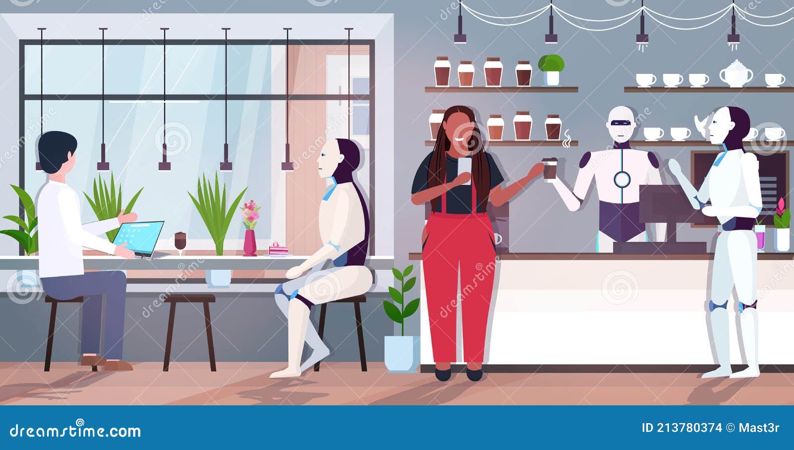 Modern Robots and People in Coffee Shop Artificial Intelligence ...