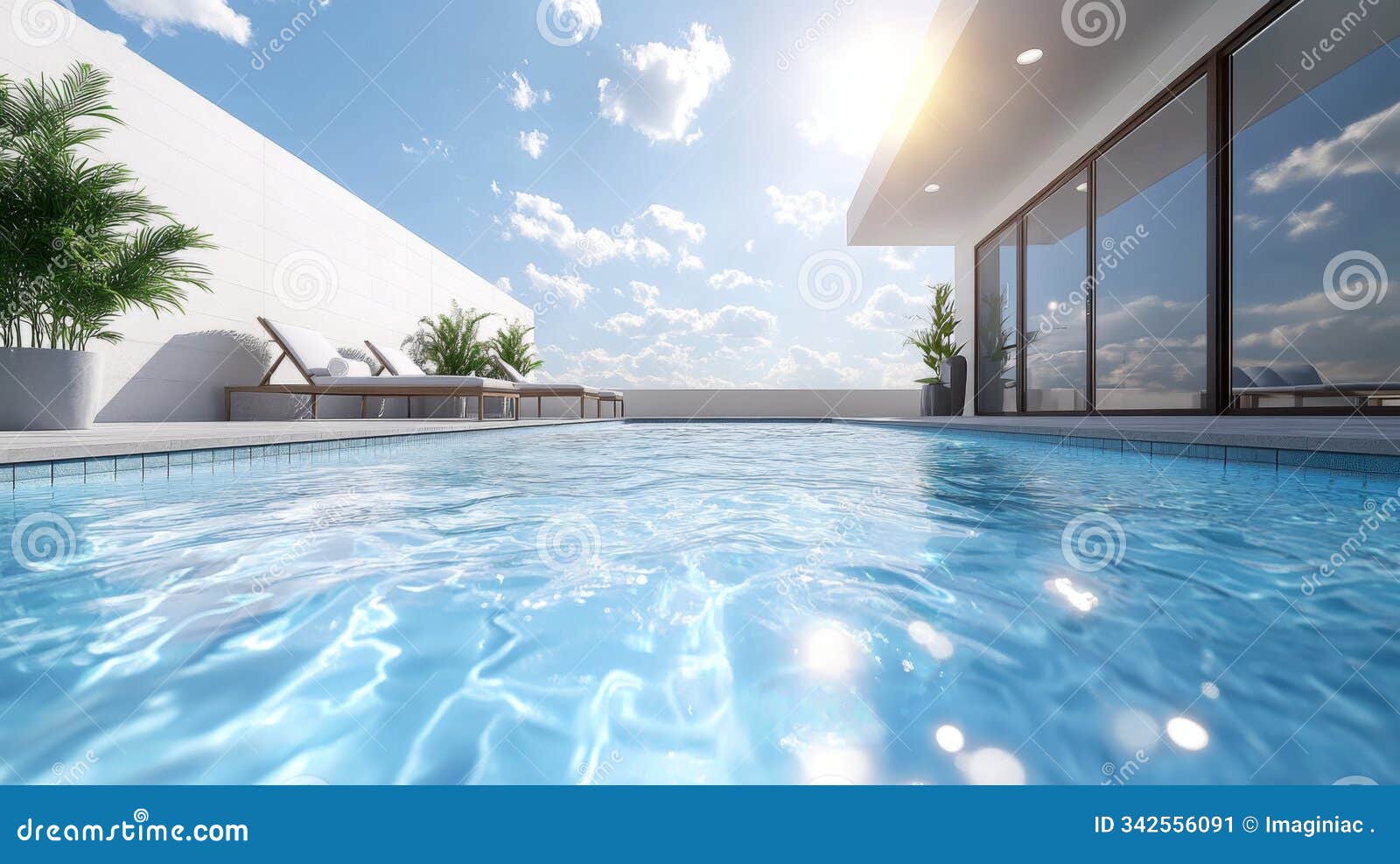 A Modern Rooftop Pool with Loungers and Glass Doors Stock Illustration ...