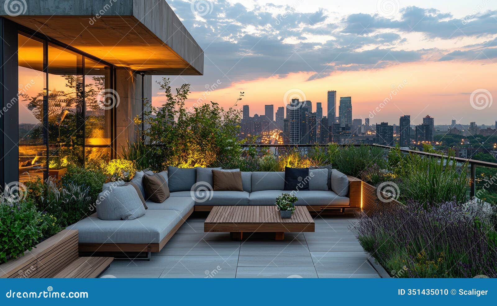 Modern Rooftop Terrace with Lush Greenery and City Skyline at Sunset ...