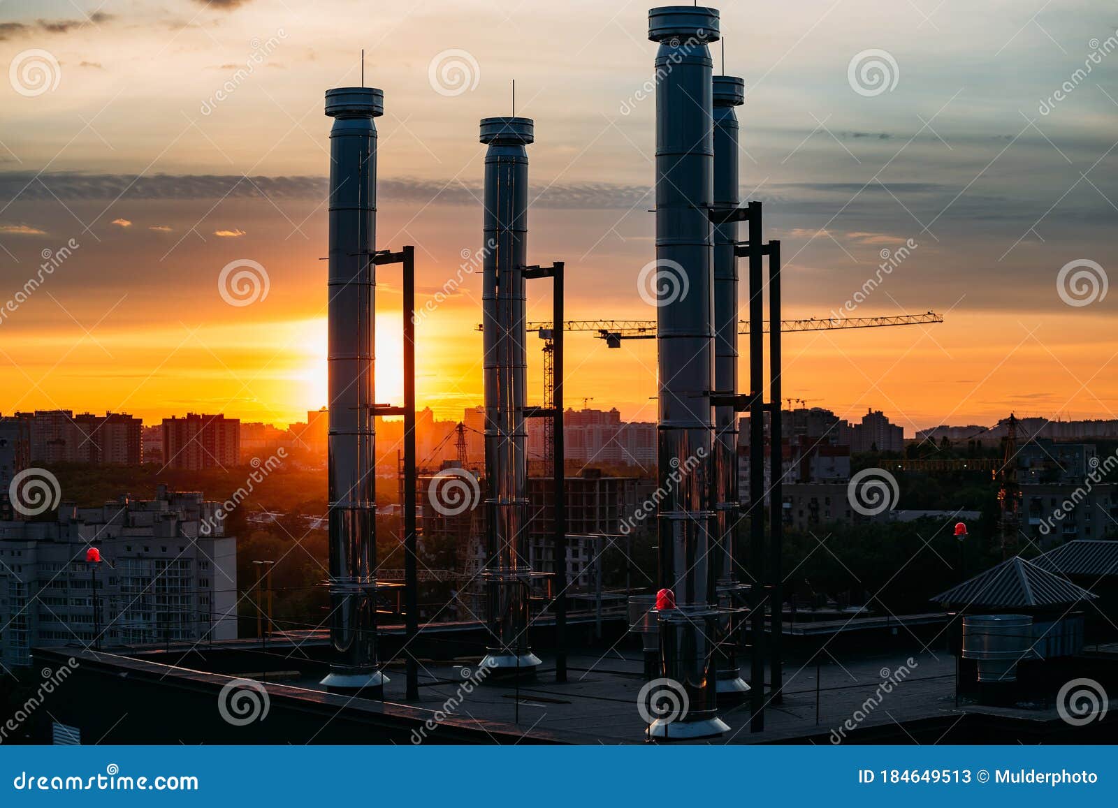 Modern Rooftop with Ventilation Pipes on Evening Sunset Stock Image ...