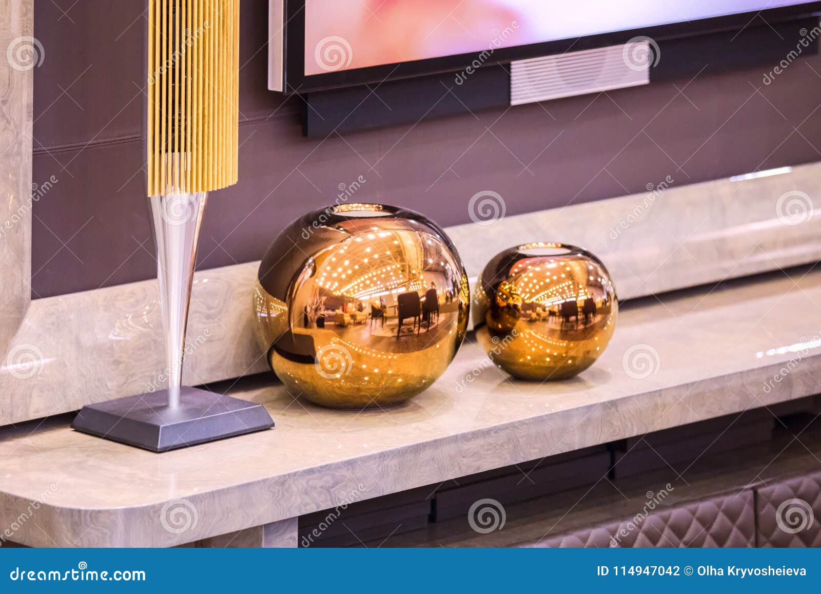 Modern Room Design. Copper Round Decorative Vases Stock Photo - Image ...