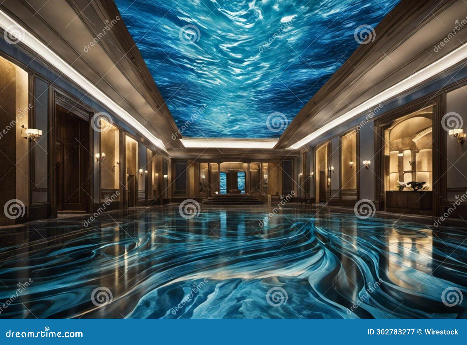 Modern Room Featuring a Blue and White Wave Pattern on the Ceiling and ...